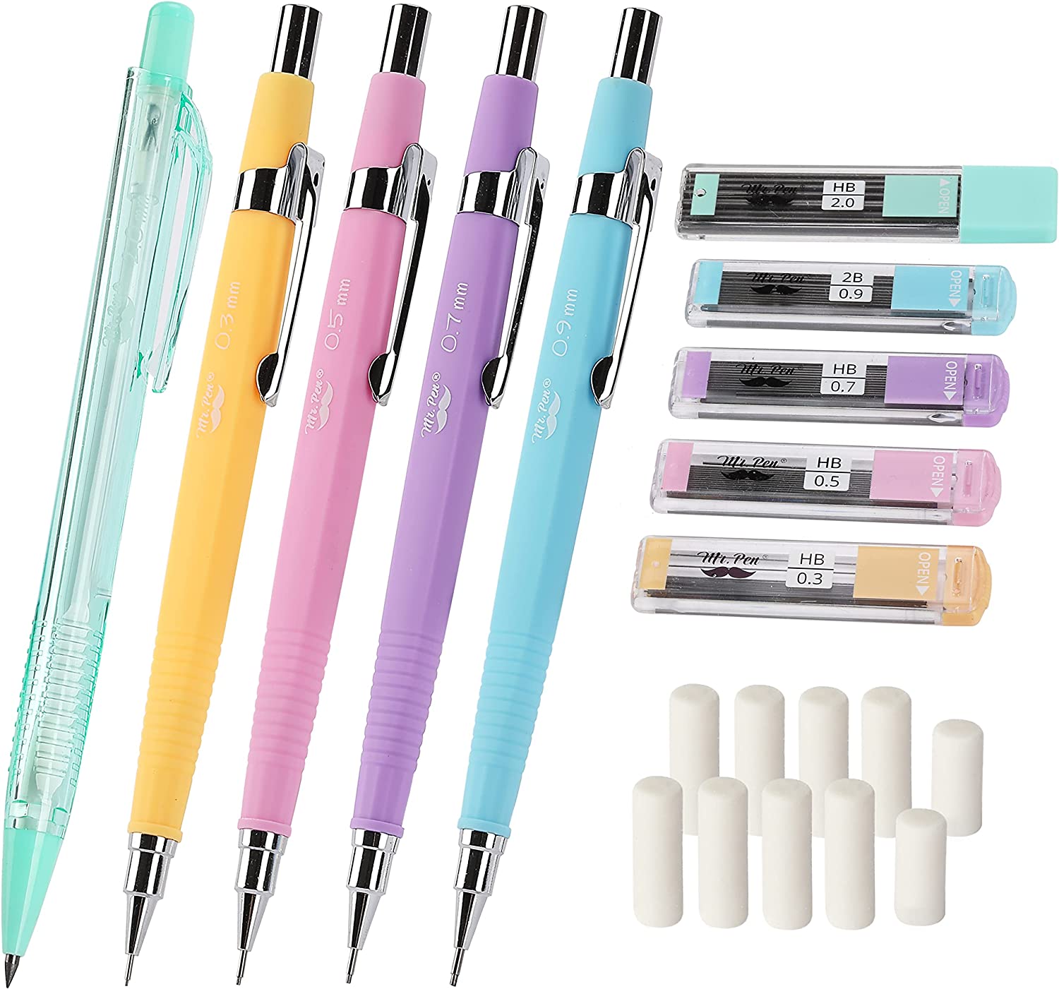Pastel Mechanical Pencil Set with Lead and Eraser Refills 5 Sizes 0. Mr. Pen
