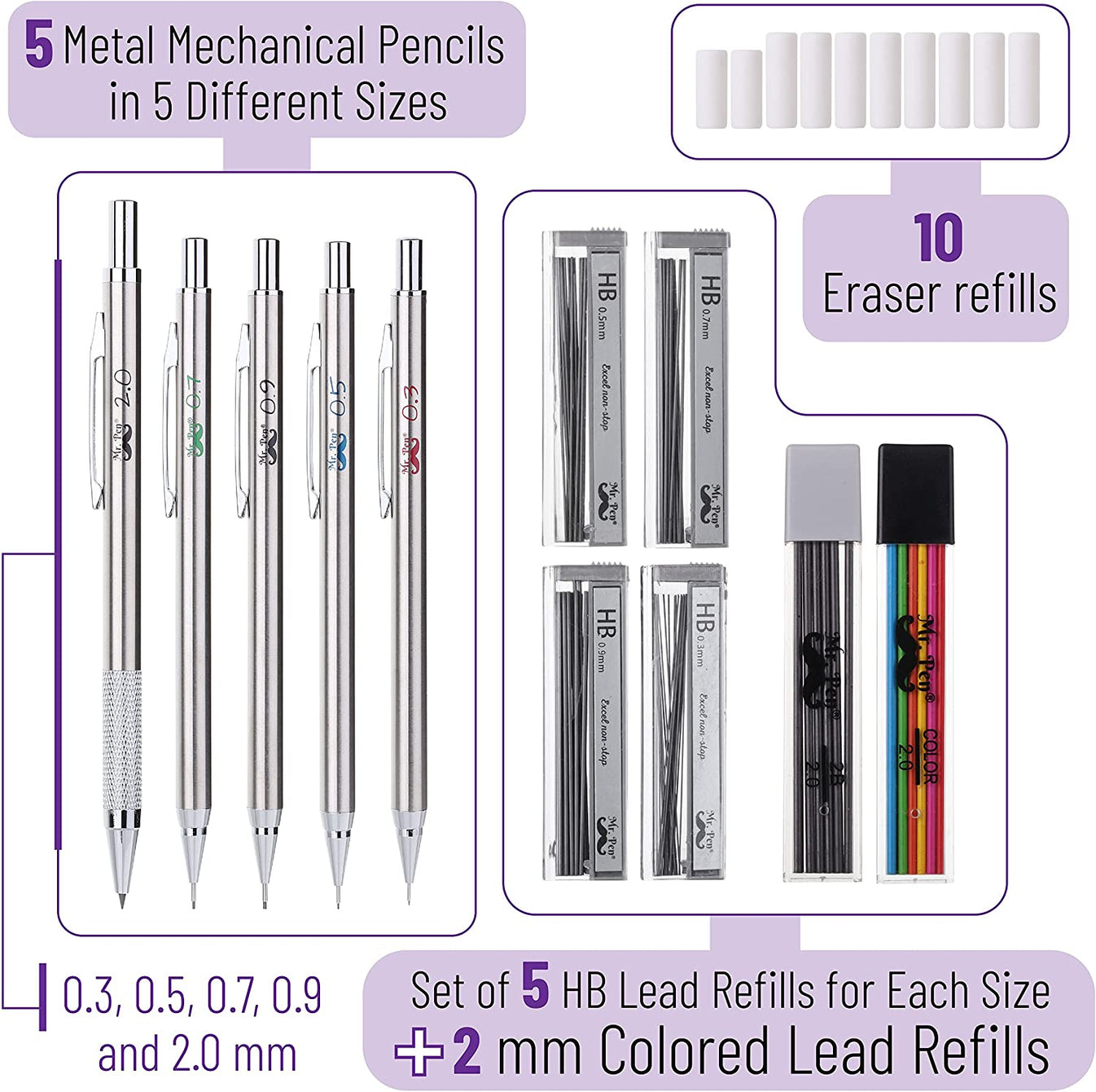 Mr. Pen Metal Mechanical Pencil Set, 5 Sizes