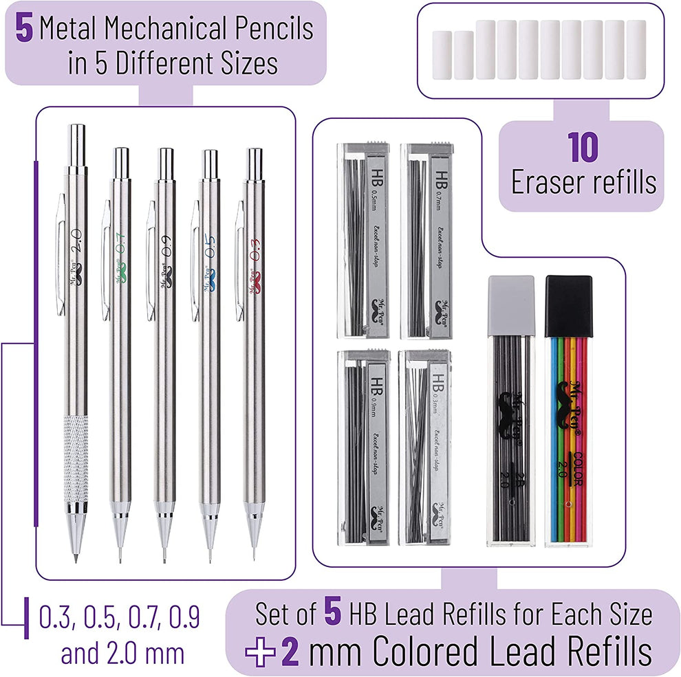 Mr. Pen Metal Mechanical Pencil Set, 5 Sizes