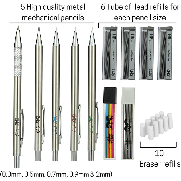 Mr. Pen Metal Mechanical Pencil Set, 5 Sizes