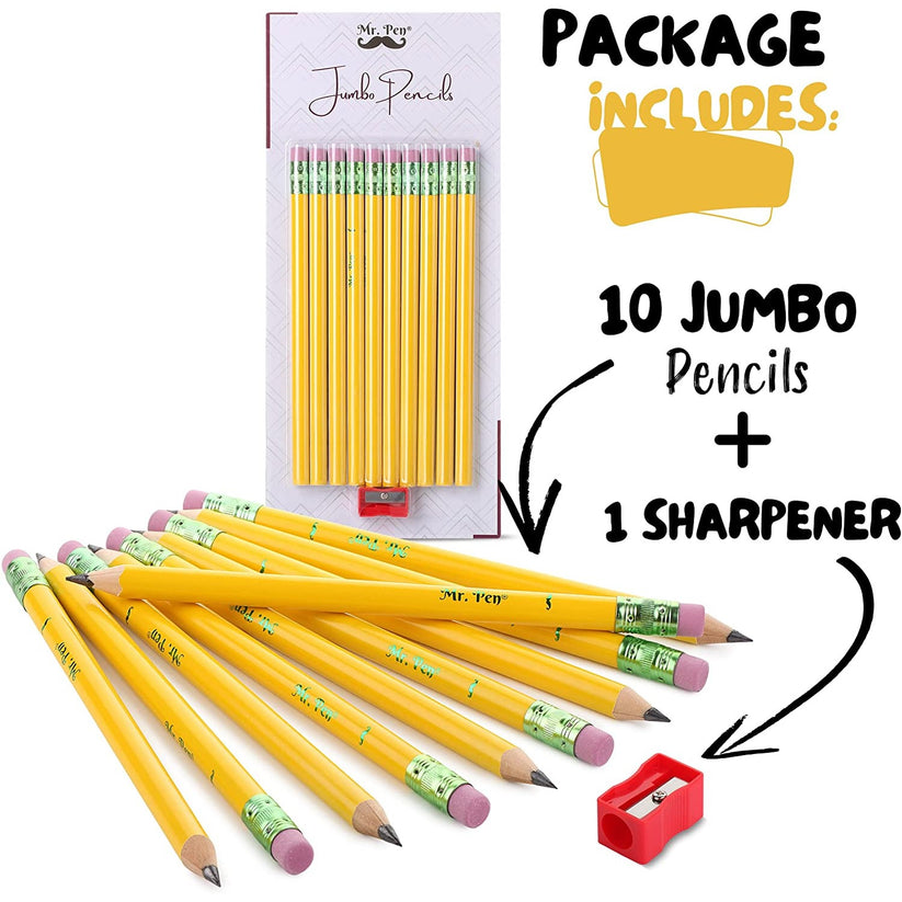 Jumbo Pencils, 10 Pencils and 1 Sharpener, Big Pencil, Fat Pencils, Ju ...