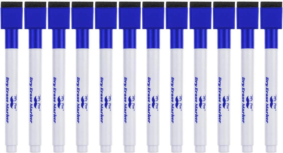 Magnetic Dry Erase Markers, 12 Pack, Blue, Fine Tip, Cap Eraser – Mr. Pen