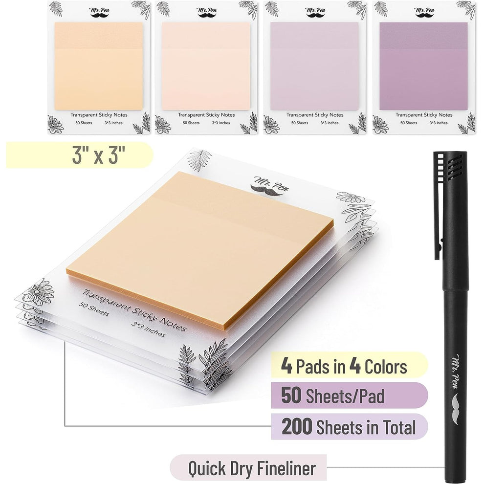 Mr. Pen Transparent Sticky Notes, 3"x3", 200 Sheets, Pastel