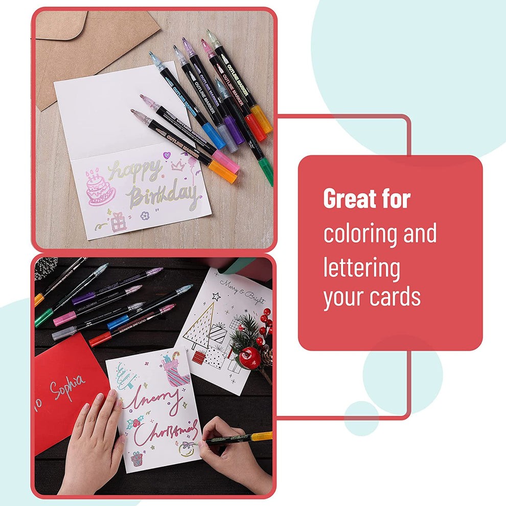 Mr. Pen Double Line Outline Markers, 10 Colors, Metallic